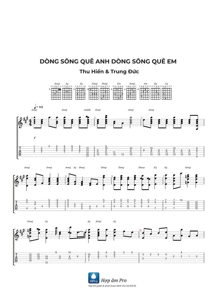 Sheet nhạc bài: DÒNG SÔNG QUÊ ANH DÒNG SÔNG QUÊ EM - Hợp âm Pro
