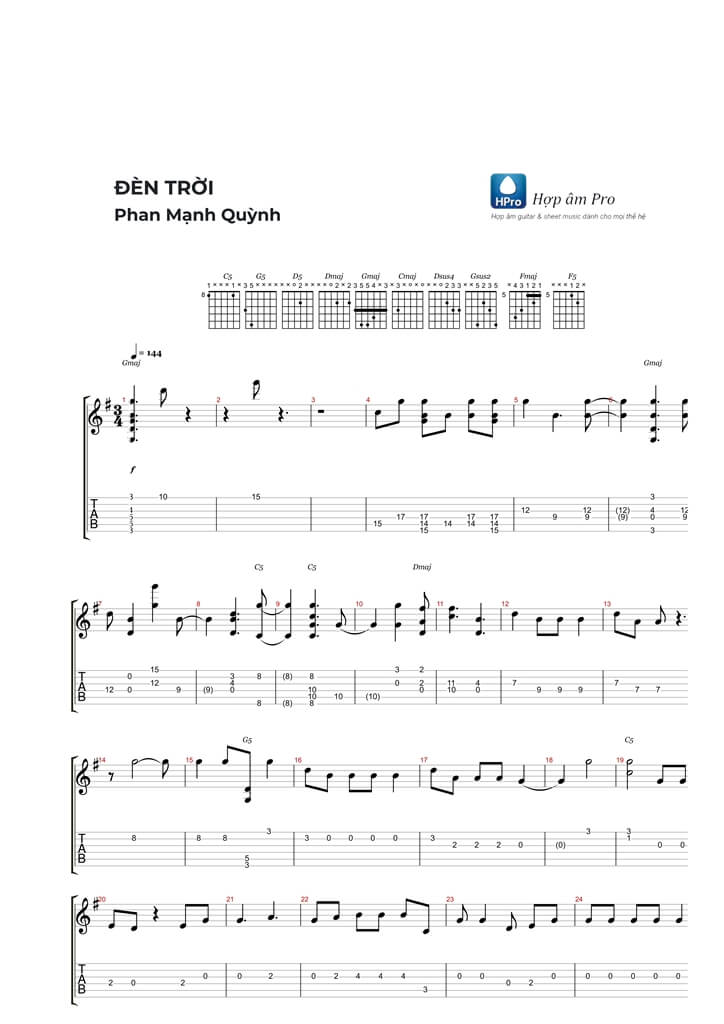 Sheet nhạc bài: ĐÈN TRỜI - Hợp âm Pro