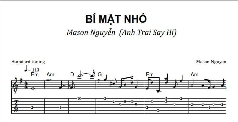 BÍ MẬT NHỎ (Hợp âm & TAB) - Mason Nguyễn